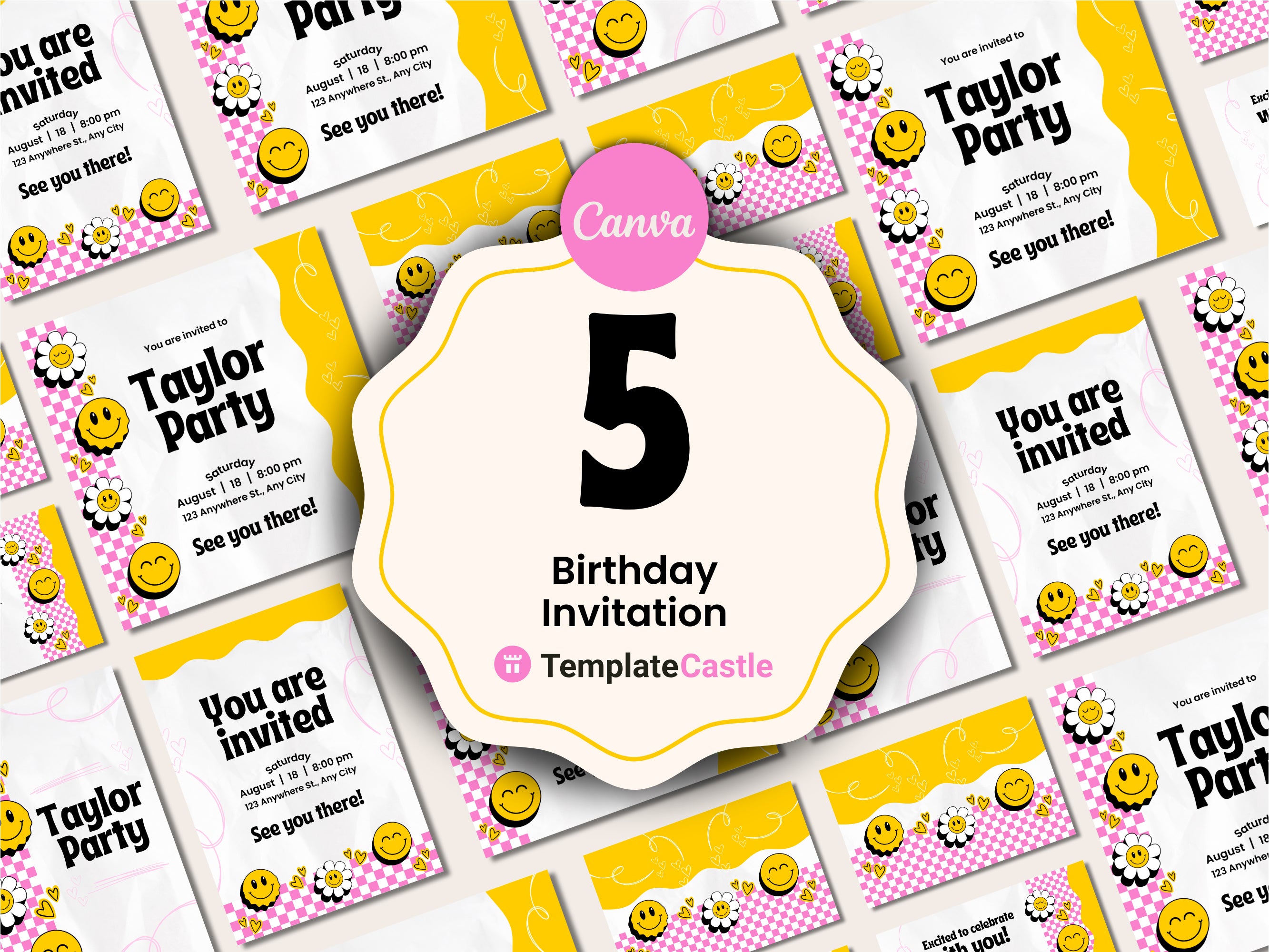 Smiley Face-Themed Canva Party Invitation Templates - Customizable, In ...